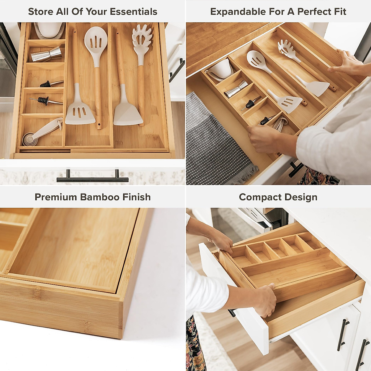 KitchenEdge Adjustable Kitchen Drawer Organizer for Utensils and Junk, Food-Safe Contract Grade with 100% Sustainable Wood, Non-Slip, Expandable from 10.5 to 18.5 Inches Wide - Natural Bamboo