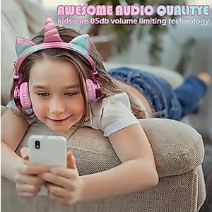 Unicorn Wireless Headphones for Kids,Cat Ear Bluetooth 5.0 Over Ear Headphones with Microphone for Cellphone/iPad/Laptop/PC/TV/PS4/Xbox One, Foldable Gaming Headset for Girls Teens Gift (Purple)