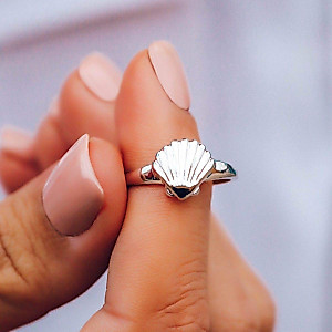 Pura Vida Silver Shell Signet Ring - Brass Base Band, Rhodium Plating - Size 8