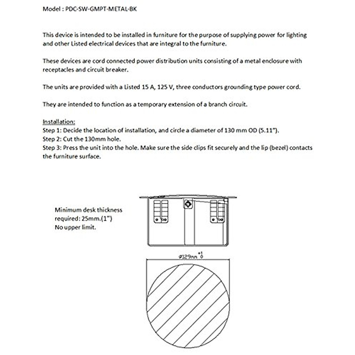 Metal Power Tap Grommet with Hidden Power Center w/ 2 Power, 2 USB, 2 CAT5e