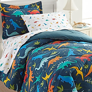 Wildkin 100% Cotton 5 Piece Twin Bed-in-A-Bag for Boys & Girls, Bedding Set Includes Comforter, Flat Sheet, Fitted Sheet, Pillowcase & Sham, Bed Set for Cozy Cuddles (Jurassic Dinosaurs)