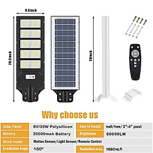 INSDEA 800W LED Solar Street Light Motion Sensor, 60000LM IP66 Waterproof Security Solar Flood Lights Outdoor with Remote Control, Dusk to Dawn Solar Lights for Outside Garden Yard Parking Lot