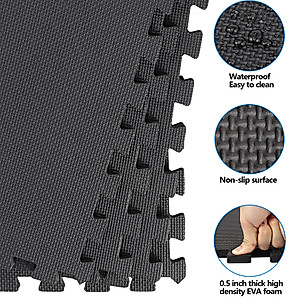 F2C 6 Pieces Puzzle Exercise Mat EVA Foam Interlocking Tiles with 12 End Borders for Gym Home Exercise Workout Floor Protecting Black