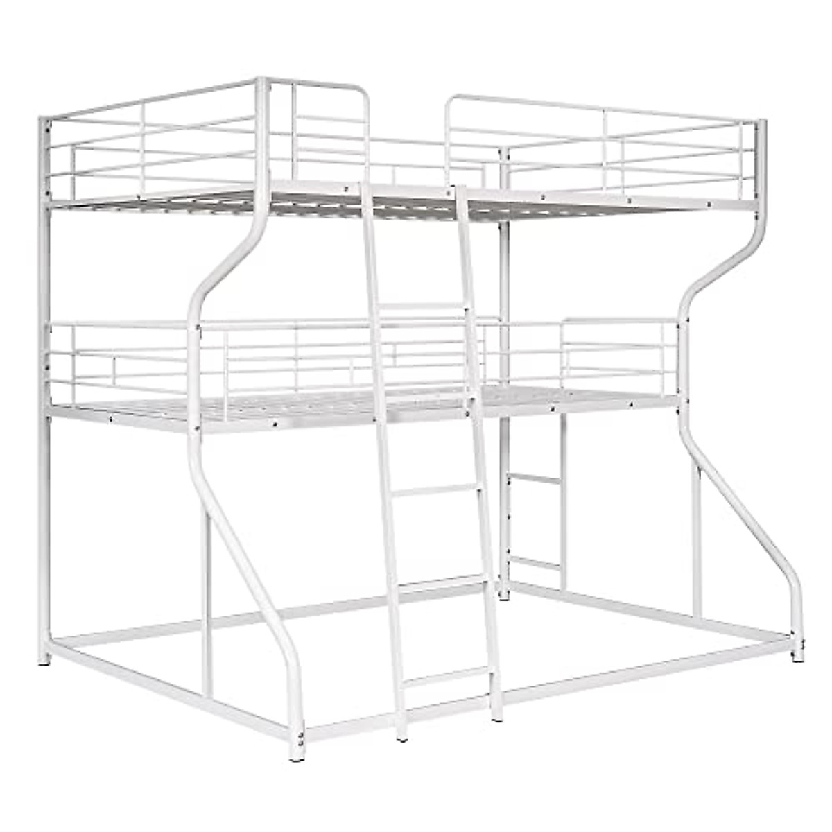 KoiHome Full Over Twin Over Queen Size Triple Bunk Bed with 2 Ladders, Metal Low Bed Frame with Full-Length Guardrail for Kids Teens Girls Boys Bedroom, Space-Saving, No Box Spring Needed, White