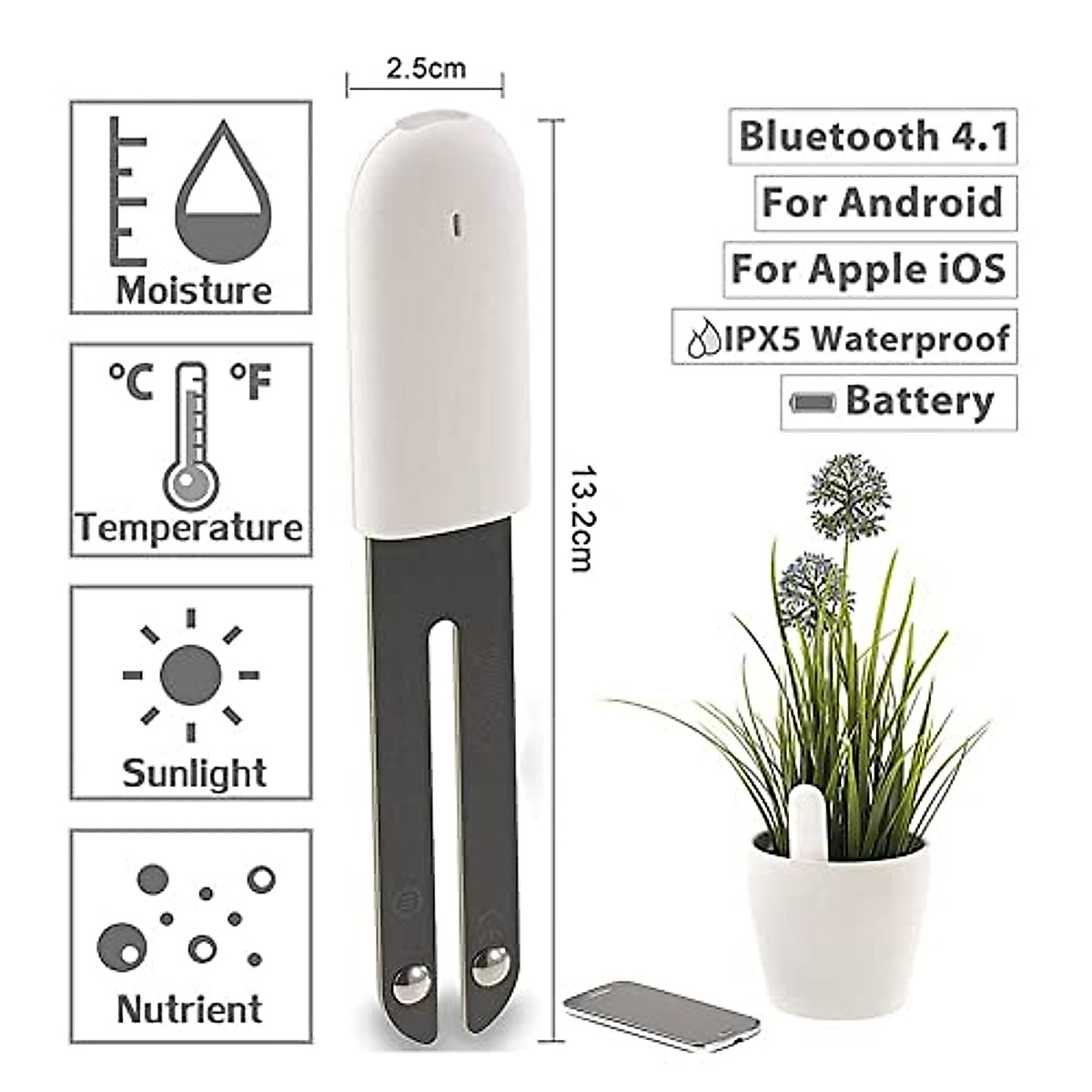 Soil Moisture Meter 4 in 1,Plant Water Monitor,Automatically detect Moisture/Temperature/Light/Fertility,Can Connect to Mobile Phone via Bluetooth,Hygrometer Sensor for Indoor Plants (1pc)