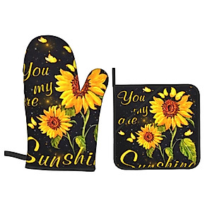 You are My Sunshine Sunflower Oven Mitts and Pot Holders Sets 4 Pcs Set, Heat Resistant Oven Gloves Hot Pad for Kitchen Cooking Baking BBQ