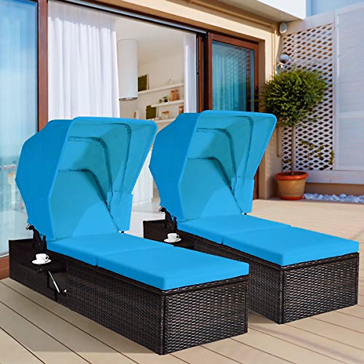 Tangkula 2PCS Outdoor Chaise Lounge Chair with Folding Canopy, Adjustable Cushioned Reclining Chair with Flip-up Tea Table, Rattan Sun Lounger for Beach Poolside Backyard Balcony Porch (2, Turquoise)