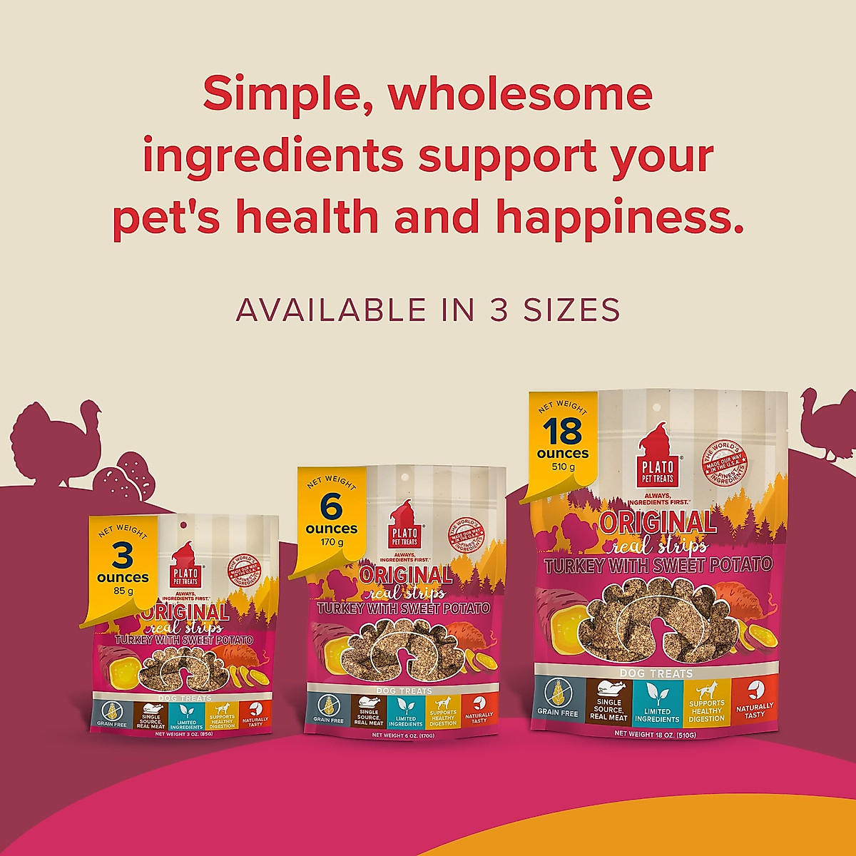 PLATO Turkey Real Strips Natural Dog Treats - Real Meat - Air Dried - Made in the USA - Turkey & Sweet Potato, 6 ounces