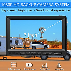 RV Backup Camera System with 7'' Quad Split 1080P Monitor for Truck Trailer Semi Camper Bus & 4 AHD Rear Side View Camera with DVR Record Function IP69 Waterproof Night Vision Avoid Blind Spot DOUXURY