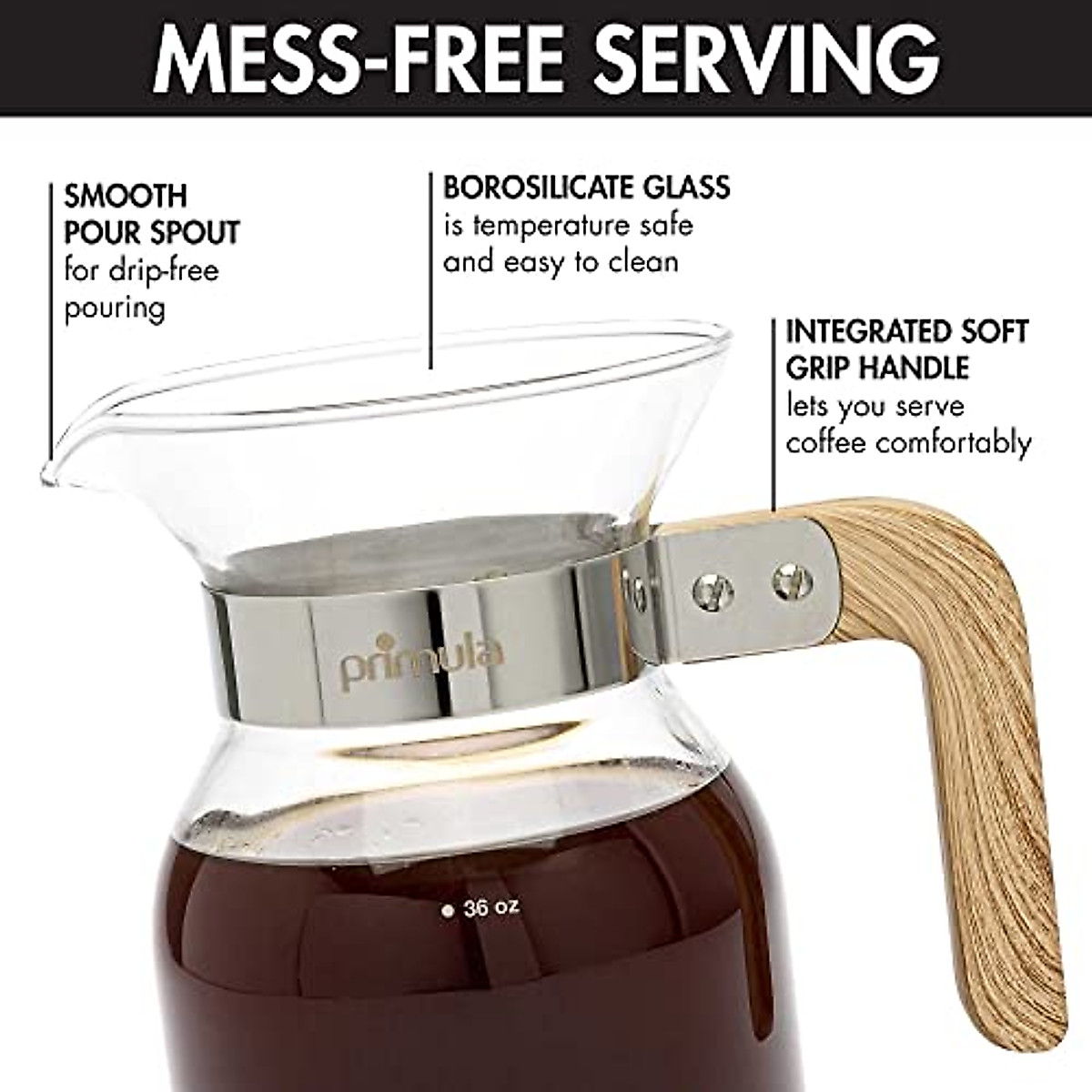 Primula Coffee Dripper Pour Over Maker Brewer Pot, Borosilicate Glass, Easy to Use and Clean, 36 oz, Light Wood