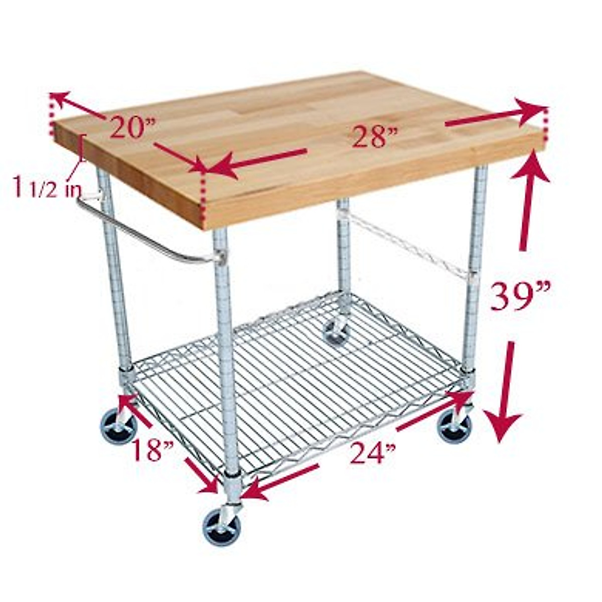 3 Tier Gourmet Cart with 20" Deep x 28" Wide Maple Butcher Block Top
