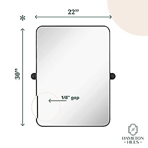 Hamilton Hills 22x30 Inch Brushed Black Metal Framed Mirror | Pivot Mirrors for Bathrooms | Rounded Corner Rectangular Frame with Tilt Mirror Brackets | Adjustable & Tilting Farmhouse Wall Vanity