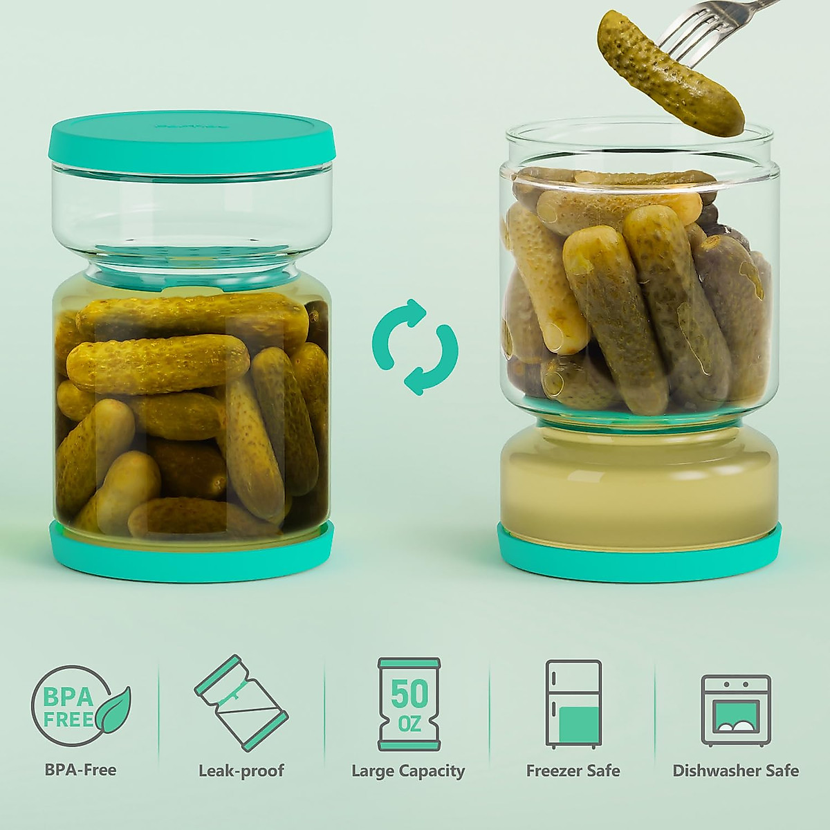 ForTidy Glass Pickle Jar with Strainer Flip - Airtight Olive Container with Silicone Lids, 50.72oz Kitchen Organization Must-Have Versatile Hourglass Jar, BPA-Free, Dishwasher Safe (Green)