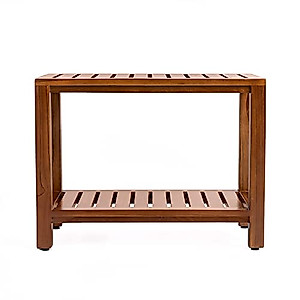 Teak Wood Waterproof Shower Bench - with Shelf, 24 Inch, Wooden Seat Stool for Bathroom, Spa, Garden, Fully Assembled