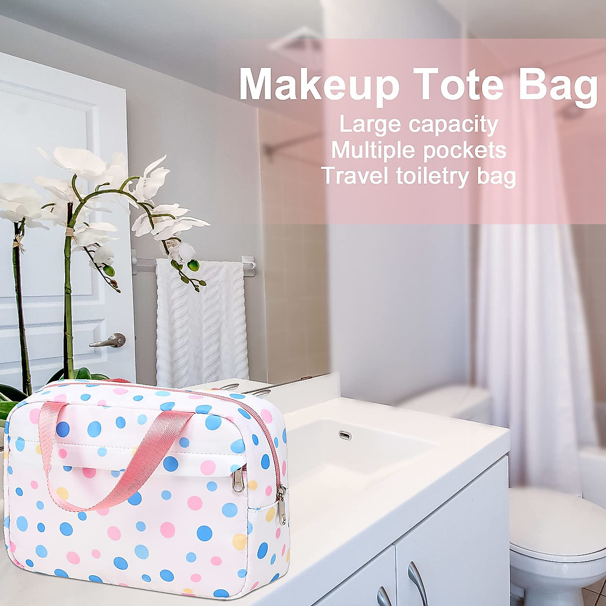 Makeup Bag for Girls Women Cute Travel Cosmetic Tote Bag Large Make Up Organizer Toiletry Bags Waterproof Zipper Pouch Purse