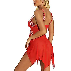klier Lingerie for Women Lace Babydoll Sexy Chemise V Neck Mesh Sleepwear Dark Red