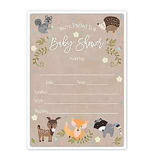Canopy Street Woodland Animals Baby Shower Invitation / 25 Adordable Animals Themed Fill In Baby Shower Invites / 5" x 7" New Baby Forest Animal Invitation Cards