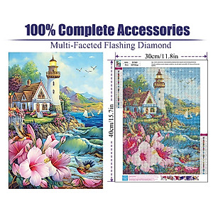 5D Diamond Painting Numbers Kits for Adults,DIY Full Drill Diamond Painting Seaside Lighthouse Round Diamond Art Crystal Craft for Home Wall Decor Gift(12x16inch)