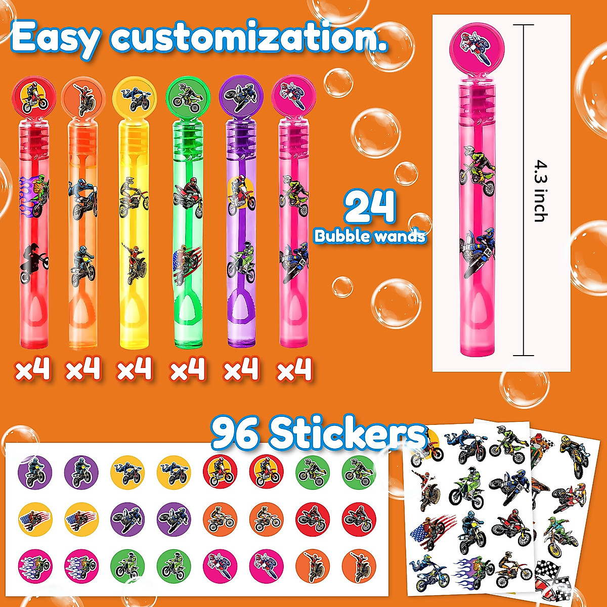 24PCS Dirt Bike DIY Bubble Wands Party Favors 96PCS Stickers for Goodie Bag Fillers Pinata Stuffers, Mini Bubble Bulk Birthday Party Supplies Toys Gifts Class Prizes for Toddlers Boys Girls