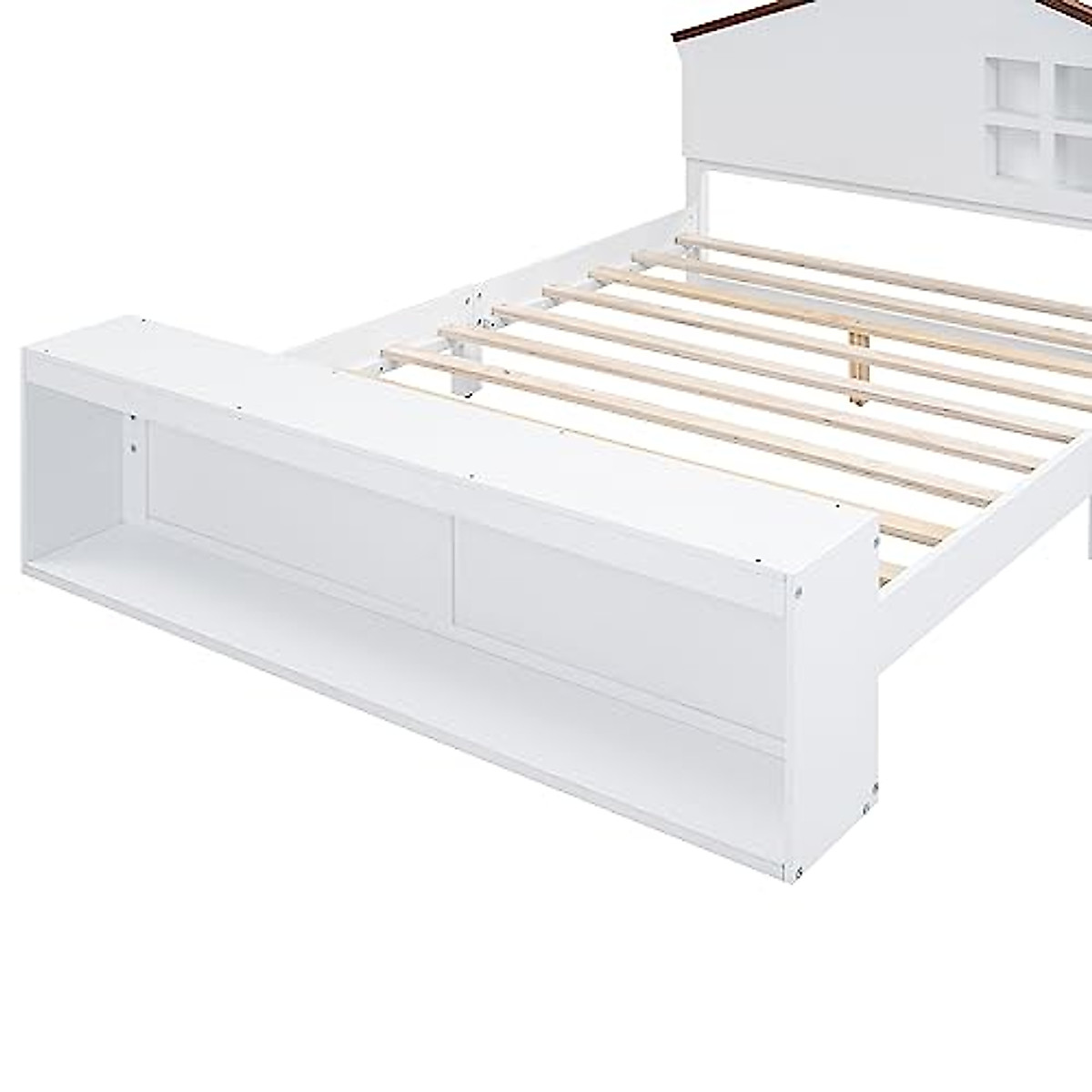 Polibi Full Size Wooden Platform Bed with LED Lights and Storage,Bedframe Full-Size with House-Shaped Headboard,White