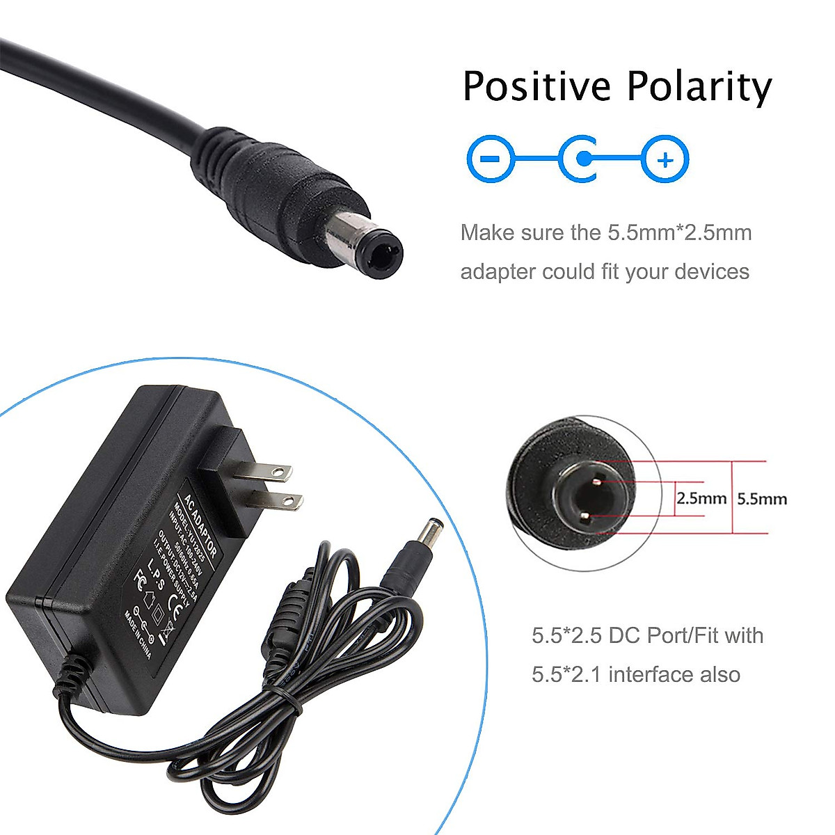 12V 2.5A Power Adapter - COOLM AC 100-240V to DC 12V 2500mA Power Supply Transformer Charger 12V/2.5A for 12V Analog DVR NVR HVR CCTV Security Camera/RGB LED Strip Lights