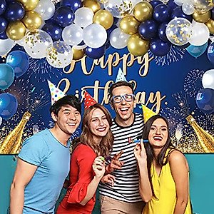 Rubfac Navy Blue Birthday Decorations 120pcs Navy Blue and Gold Balloon Garland with Happy Birthday Backdrop Banner Birthday Photo Backdrop Background for Birthday Party Decoration Supplies
