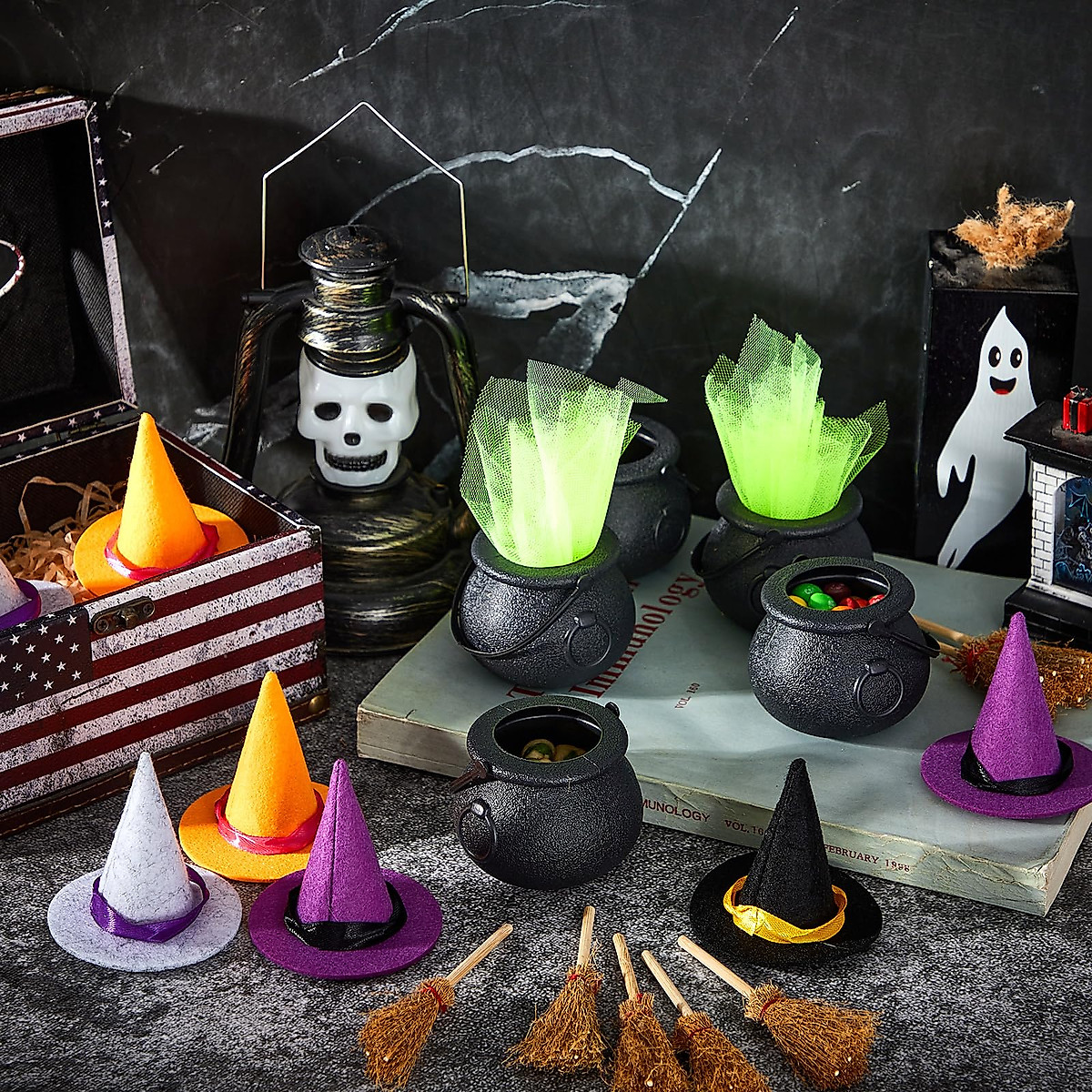 Deekin 48 Pcs Halloween Party Decorations Witch Accessories, Include Mini Witch Hat and Witch Broom, Miniatures Plastic Cauldron Pot and Mesh Gauze for Halloween Wizard Theme Party Favor, DIY Craft