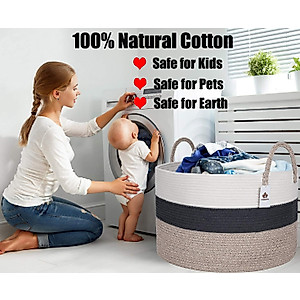 Extra Large Cotton Rope Basket Woven Basket Storage Baby Laundry Hamper with Handles for Nursery Laundry, Clothes, Toys, Blanket, Magazines, Towels, Home Organize Container 21.7" x 21.7" x 13.8"