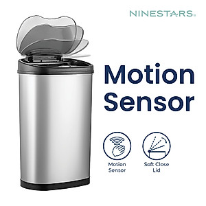 Ninestars DZT-50-13 Automatic Touchless Motion Sensor Oval Trash Can with Black Top, 13 gallon/50 L, Stainless Steel