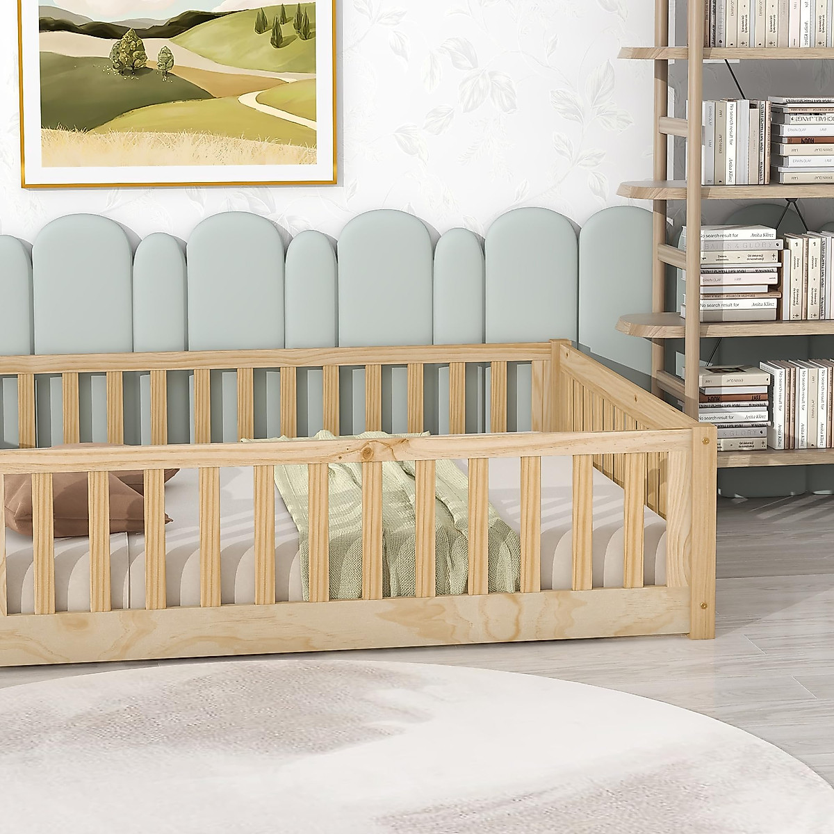 ROCKINGRUN Full Size Montessori Floor Bed Frame with Safety Fence & Convertible Door, Toddler Floor Bed with Sturdy Solid Wood Support Slats and Full-Length Guardrails for Kids Girls Boys (Natural)