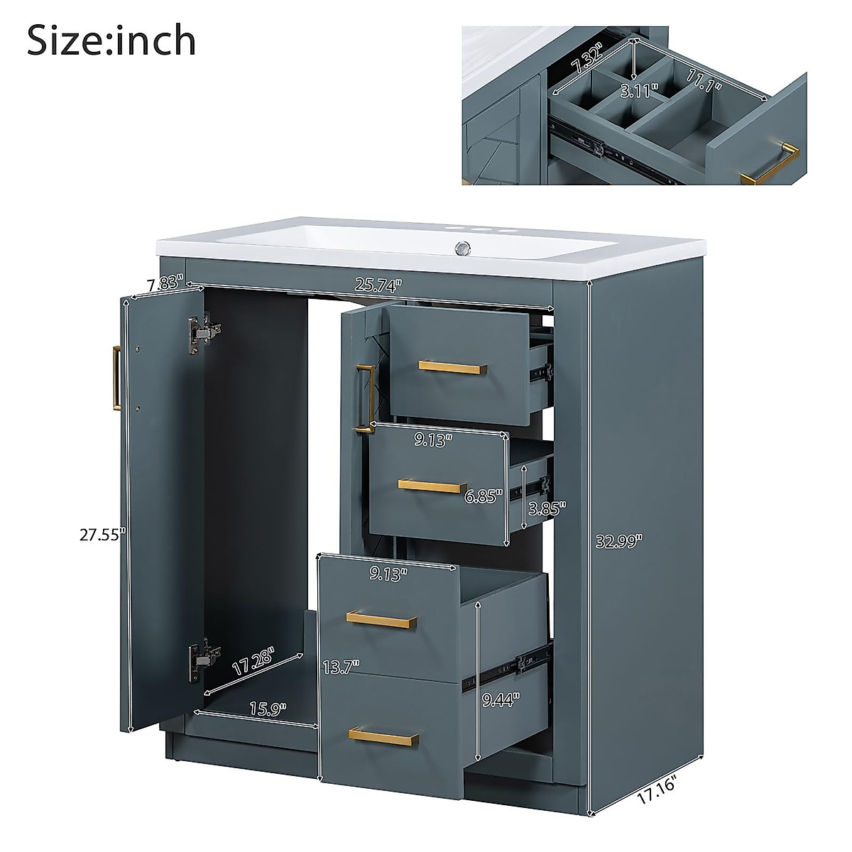 30'' Bathroom Vanity with Top Sink, Modern Bathroom Storage Cabinet with 2 Drawers and a Tip-out Drawer, Single Sink Bathroom Vanity, Bathroom Storage Cabinet Vanities for Bathroom Navy Blue 30inch