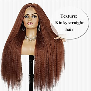 NOSTALGIA 32 Inch Copper Brown Kinky Straight Wig - Natural Kinky Wig for Black Women - Yaki Straight Hair Wig - Synthetic Middle Part Wigs - Daily Party Wig