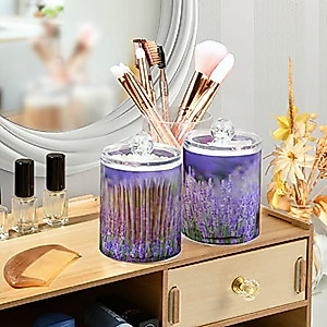 Kigai 2 Pack Purple Lavenders Qtip Holder Dispenser for Cotton Ball, Cotton Swab, Cotton Round Pads, Floss -Clear Plastic Apothecary Jar Set for Bathroom Canister Storage Organization