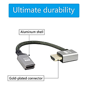 RIIEYOCA 90 Degree Right Angle UHD 4K HDMI Female to HDMI Male Braided Cable 0.59ft,18Gbps High Speed 2.0 Braided Cable, Supports 4K@60Hz,1080p,ARC,3D,for Blu-ray Players,DVRs,HDTV,Roku Ultra(2pack)