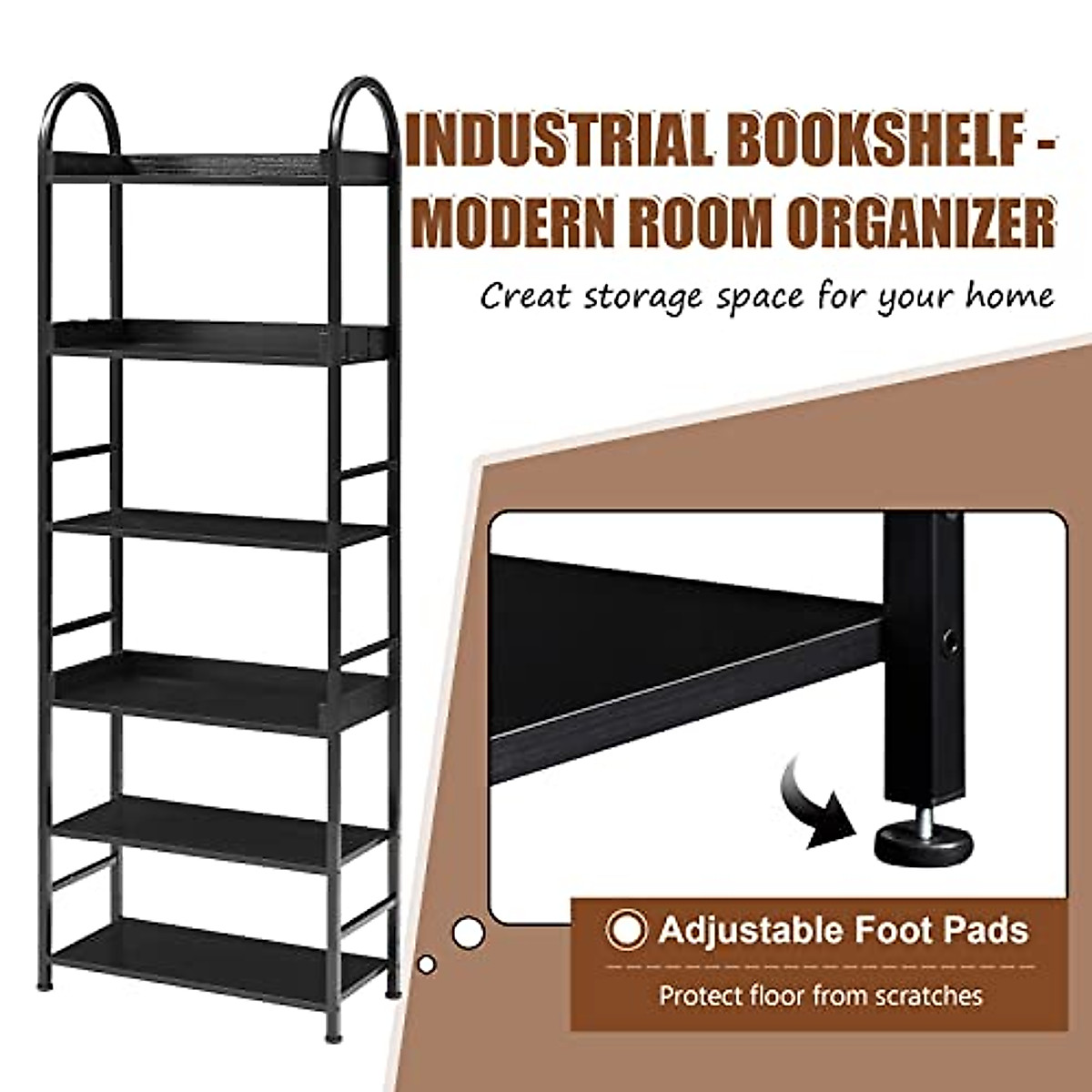 DHAEY 6 Tiers Bookshelf,70.8" Tall Bookcase with Round Top,Industrial Book Rack Display Shelves Organizer with Metal Frame for Living Room,Office,Bedroom,Adjustable Foot Pads,Black