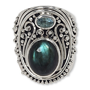 NOVICA Artisan Handcrafted Labradorite Blue Topaz Cocktail Ring Balinese Silver Sterling Grey Indonesia Birthstone [ring Front 1 in L x 0.8 in W x 0.4 in H Band Width 7 mm W] ' Misty Starlight'