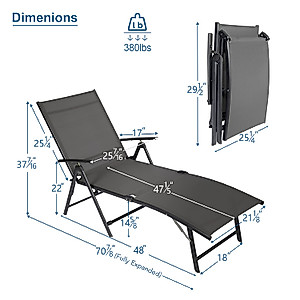 Circrane Outdoor Lounge Chair, Textiline Folding Chaise, Lounge Recliner for Beach/Yard/Pool/Patio with 7-Positions Adjustable backrest & Foldable Footrest (Grey)