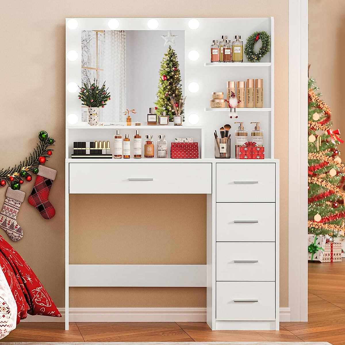 Quimoo Makeup Vanity Desk with Mirror & Lights, Vanity Desk with 5 Drawers & Storage Shelves, Vanity Table, 3 Color Modes & Adjustable Brightness Dressing Table, Bedroom