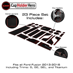 CupHolderHero fits Ford Fusion Accessories 2013-2016 Premium Custom Interior Non-Slip Anti Dust Cup Holder Inserts, Center Console Liner Mats, Door Pocket Liners 23pc Set (Red Trim)