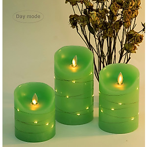 Green LED flameless Candle with Embedded Starlight String, 3 LED Candles, 10-Key Remote Control, 24-Hour Timer Function, Dancing Flame, Real Wax, Battery Powered. (Grass Green)