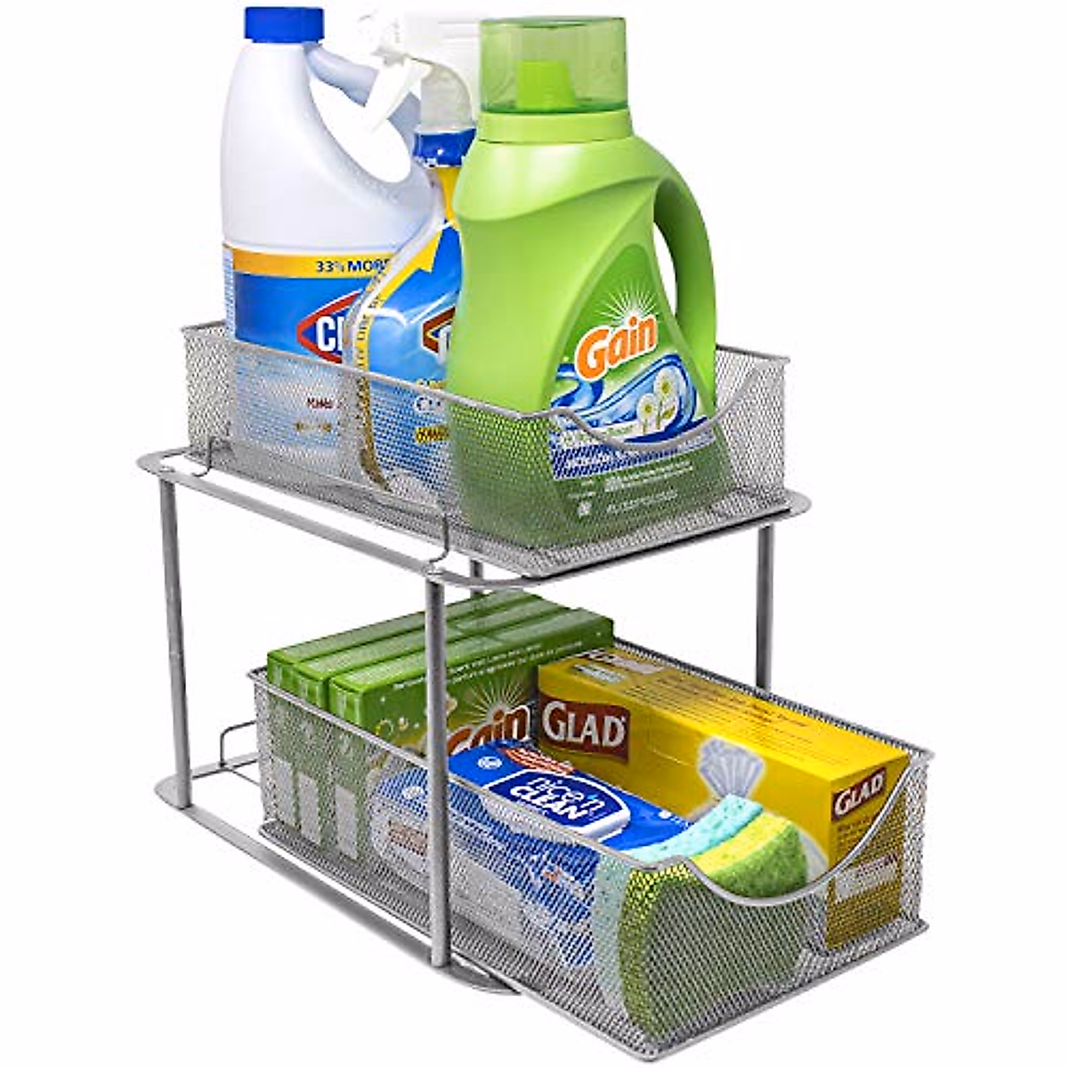 Sorbus 2 Tier Under The Sink Organizer Baskets with Mesh Sliding Drawers —Ideal for Cabinet, Countertop, Pantry, and Desktop, for Bathroom, Kitchen, Office, etc.—Made of Steel (Silver)