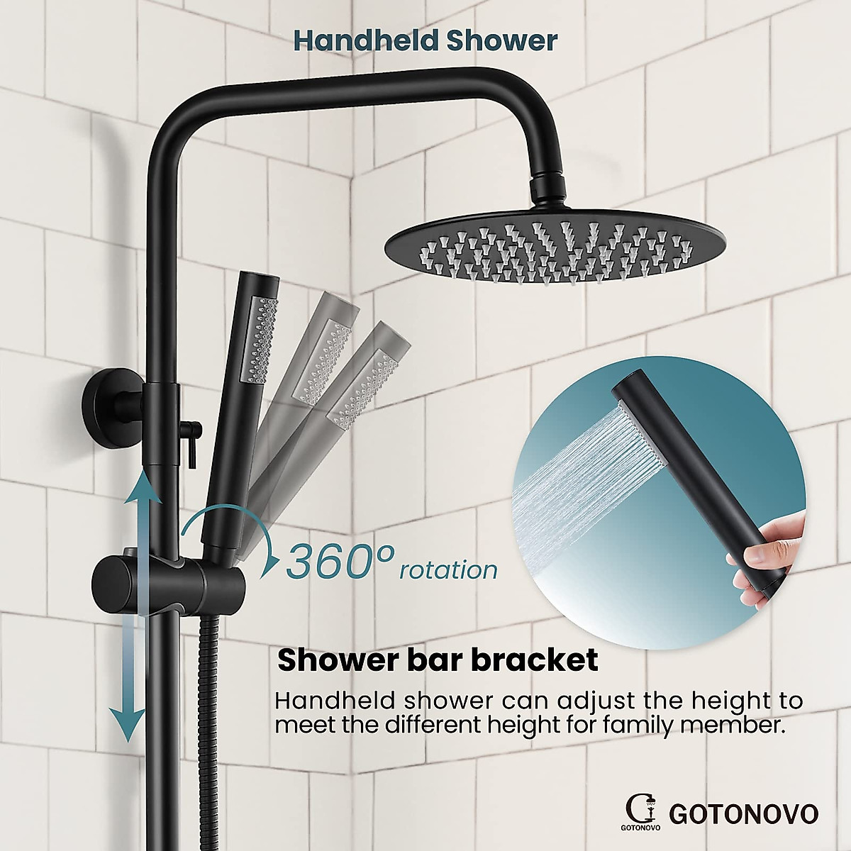 gotonovo Matte Black Outdoor Shower Fixture SUS304 System Combo Set Rainfall Single Handle High Pressure Hand Spray Wall Mount 2 Dual Function Stainless Steel