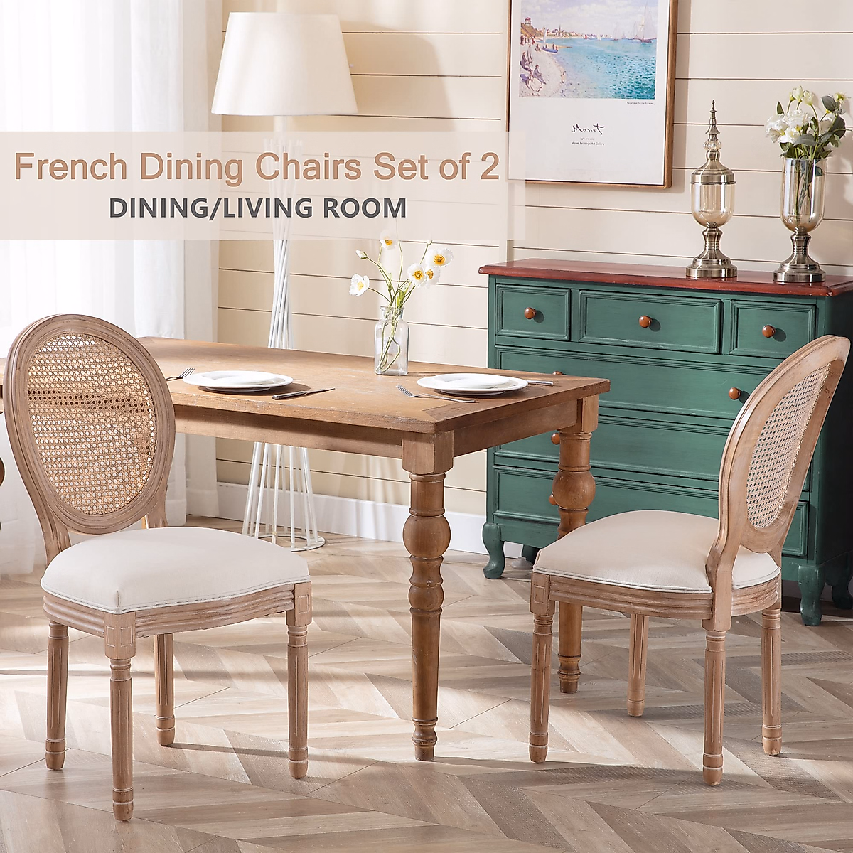 Nrizc French Country Dining Chair Set of 2, Vintage Chic, Upholstered and Carved Wooden Frames, Beige Linen Fabric, Lightweight and Sturdy, Ideal for Dining Room, Kitchen, Living Room, Bedroom