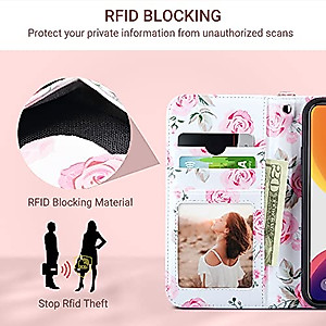 ULAK Compatible with iPhone 12 Wallet Case for Women, Premium PU Leather iPhone 12 Pro Flip Cover with Card Holder, Wrist Strap, Kickstand Shockproof Phone Case for iPhone 12/12 Pro 6.1, Rose Flower