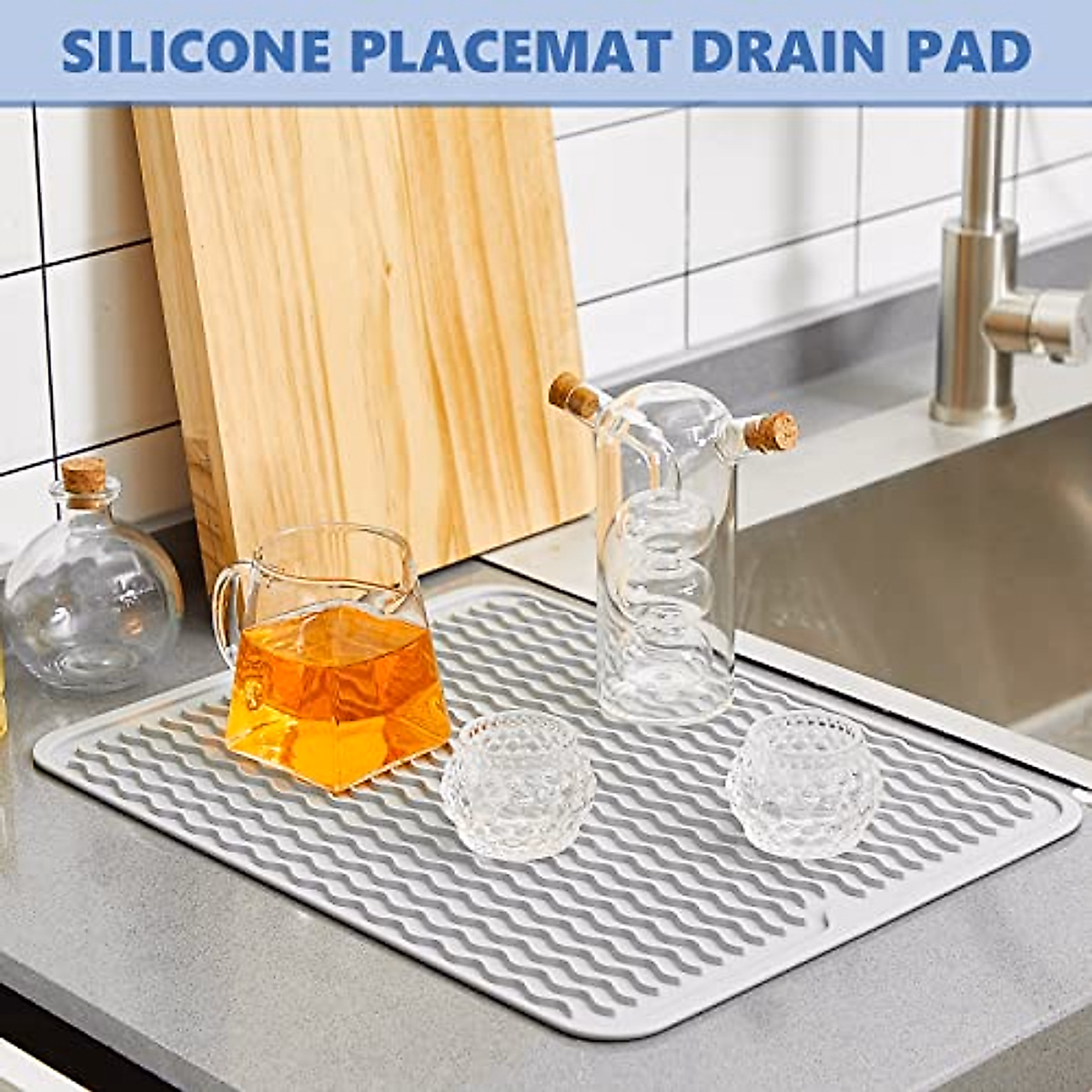 Tanlade 4 Pack Silicone Dish Drying Mat for Kitchen Counter Waterproof Heat Resistant Silicone Mat for Sink, Refrigerator Drawer Liner Dishwashing Multiple Usage, 16 x 12 Inches, Gray