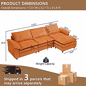 KIVENJAJA Modular Cloud Sectional Couch, Chenille L Shaped Sectional Sofa with Ottoman, Modern Comfy 4 Seater Sofas for Living Room Apartment Office, 113.5”W, Orange