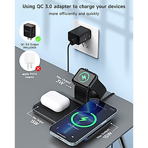 Portable Wireless Charging Station,3 in 1 15W Fast Wireless Charger Pad Compatible iPhone 14 13 12 11 AirPods Android&Detachable Charging Dock Stand Compatible Apple Watch【QC 3.0 Adapter Included】