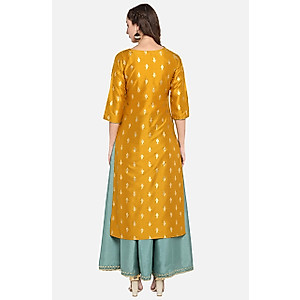 Janasya Indian Women's Mustard Foil Printed Poly Silk Ethnic Dress
