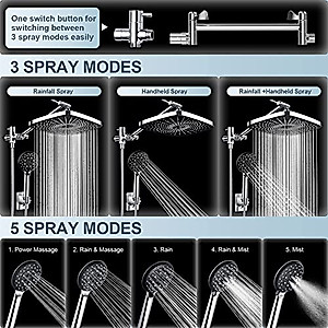 Veken 12 Inch Rain Shower Head with 5 Settings High Pressure Handheld Spray, Rainfall Shower Head with Adjustable Extension Arm, Chrome Dual Shower Head and Handheld Shower Head Combo with 70” Hose.