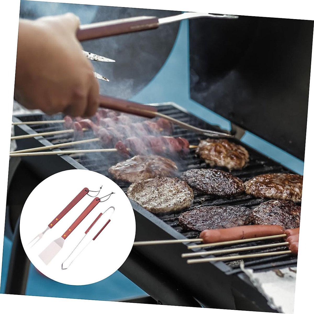 GANAZONO 3 Pcs Three Piece Barbecue Set Stainless Steel BBQ Tools Barbecue Roasting Sticks Grilling Barbeque Food Tongs BBQ Spatula Outdoor Accessories Grill Utensils Fork Wooden Major